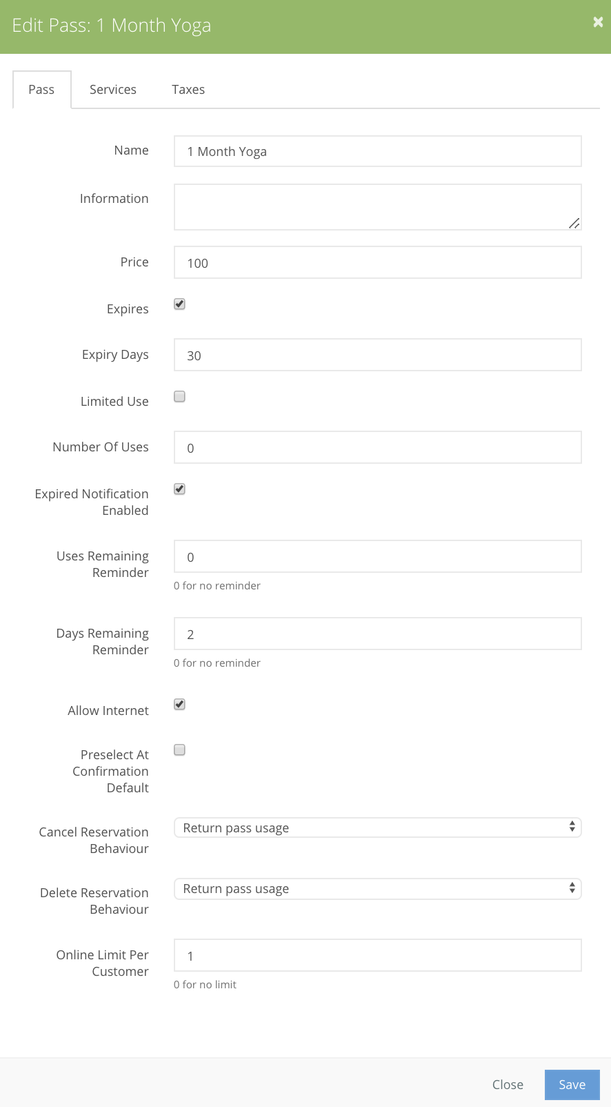 Example Pass Type: 1 month unlimited yoga classes - Ovatu Help Guides