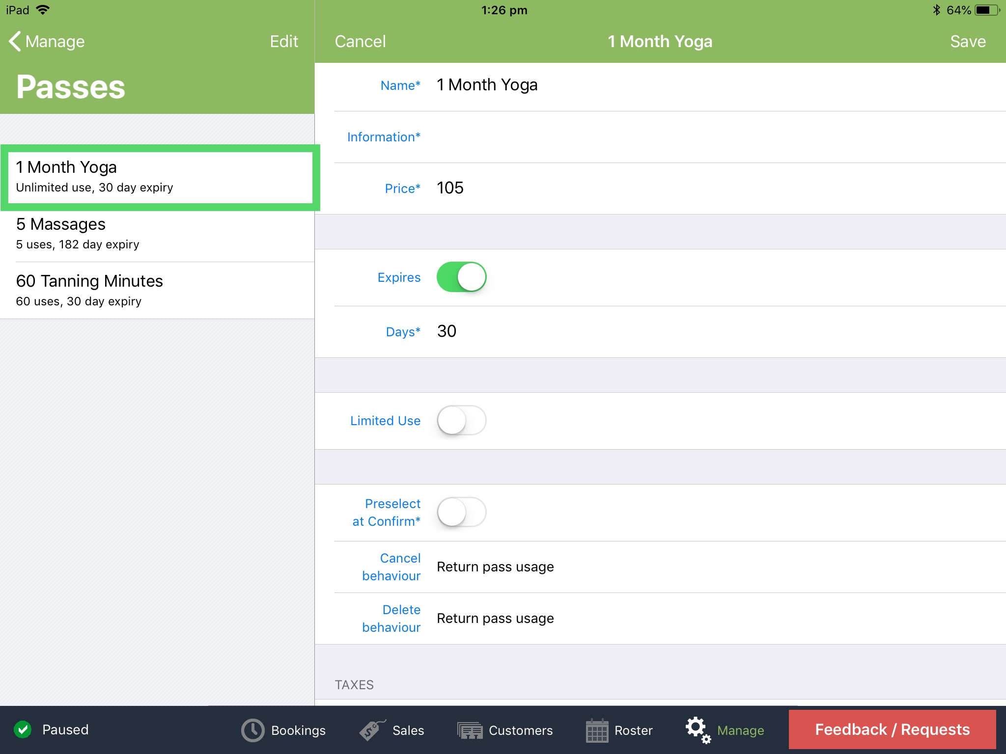 Example Pass Type: 1 month unlimited yoga classes - Ovatu Help Guides
