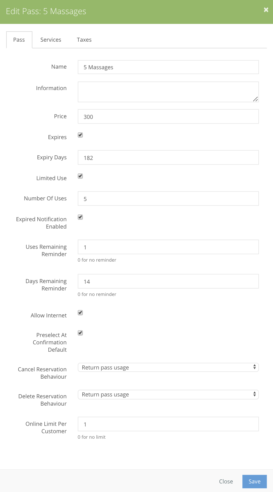 Example Pass Type: 5 massages, 6 months - Ovatu Help Guides