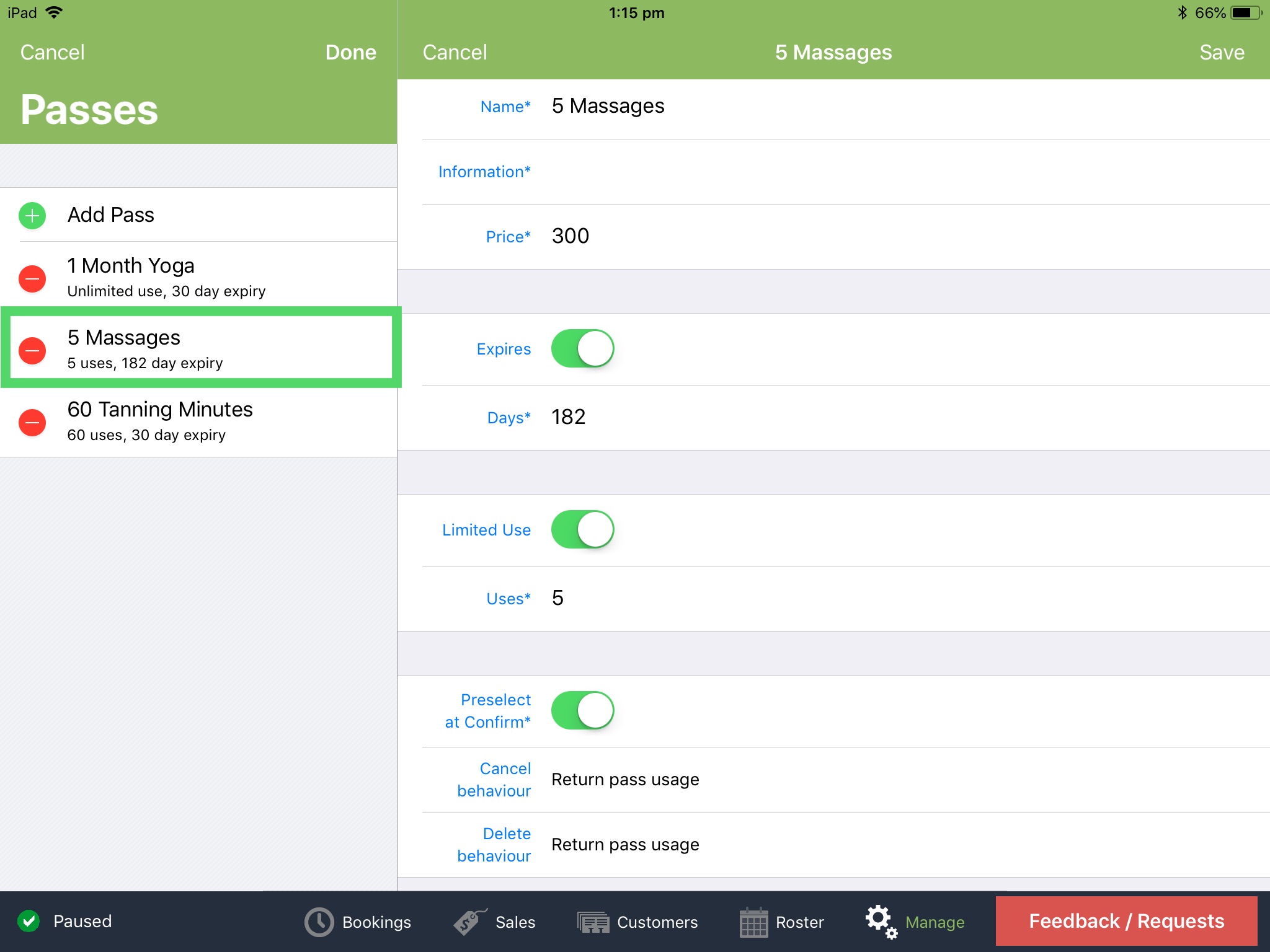 Example Pass Type: 5 massages, 6 months - Ovatu Help Guides