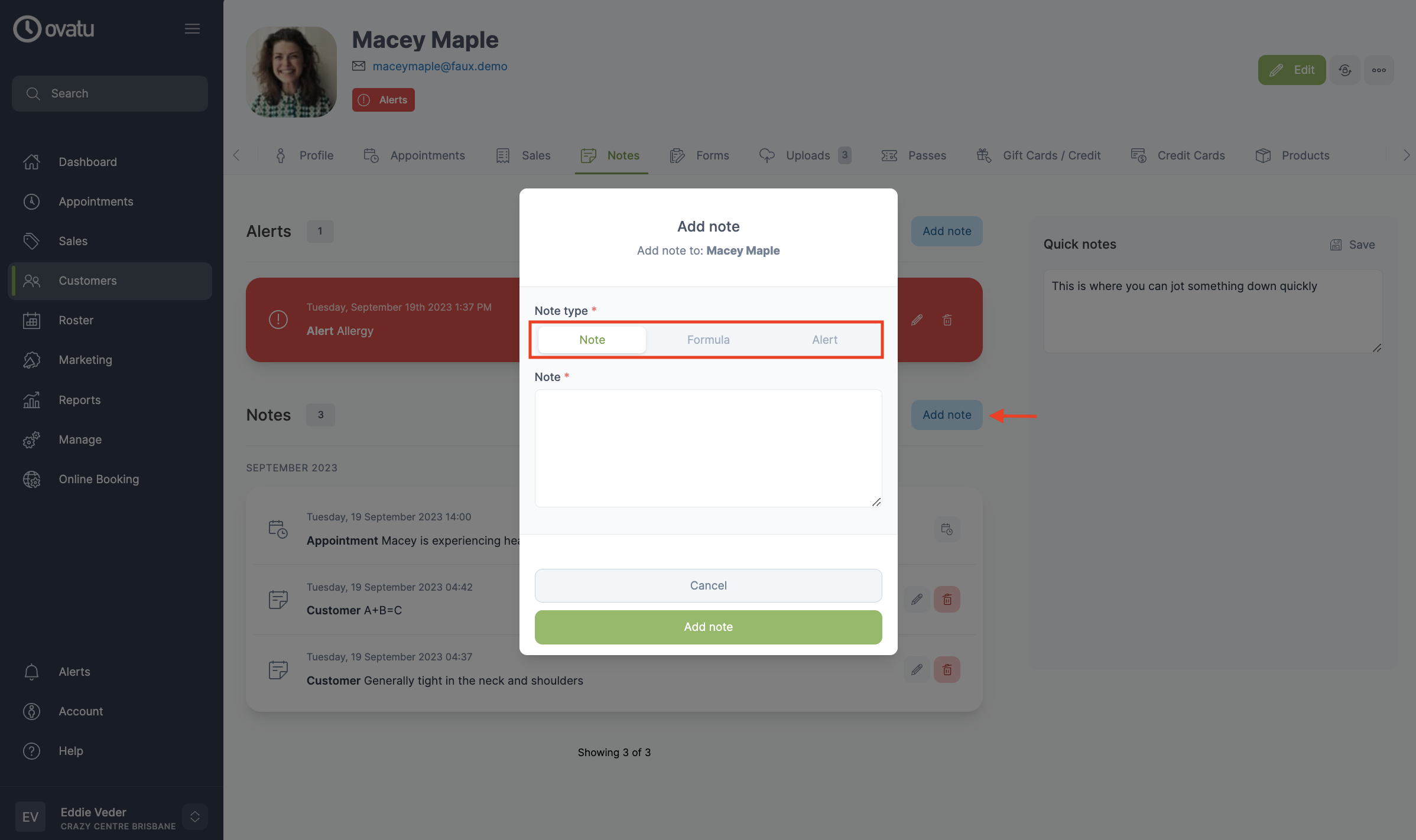 Customer notes - Ovatu Help Guides