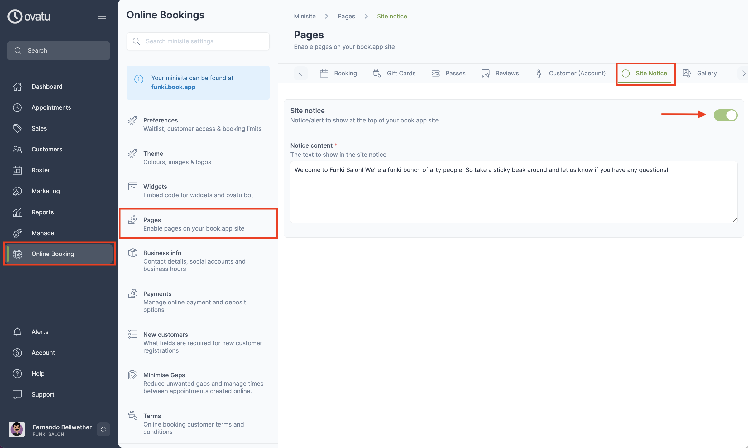 Enabling the site notice - Ovatu Help Guides