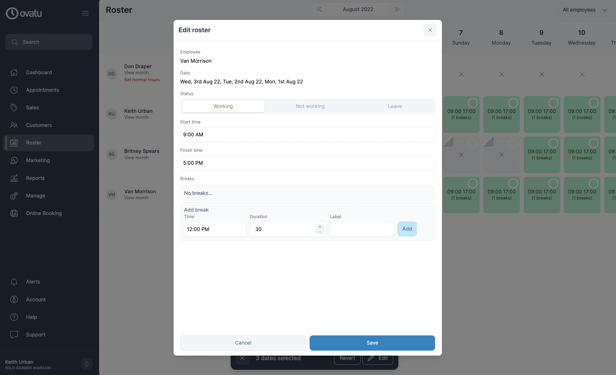 Editing specific dates in the roster - Ovatu Help Guides Editing specific dates in the roster - Ovatu Help Guides