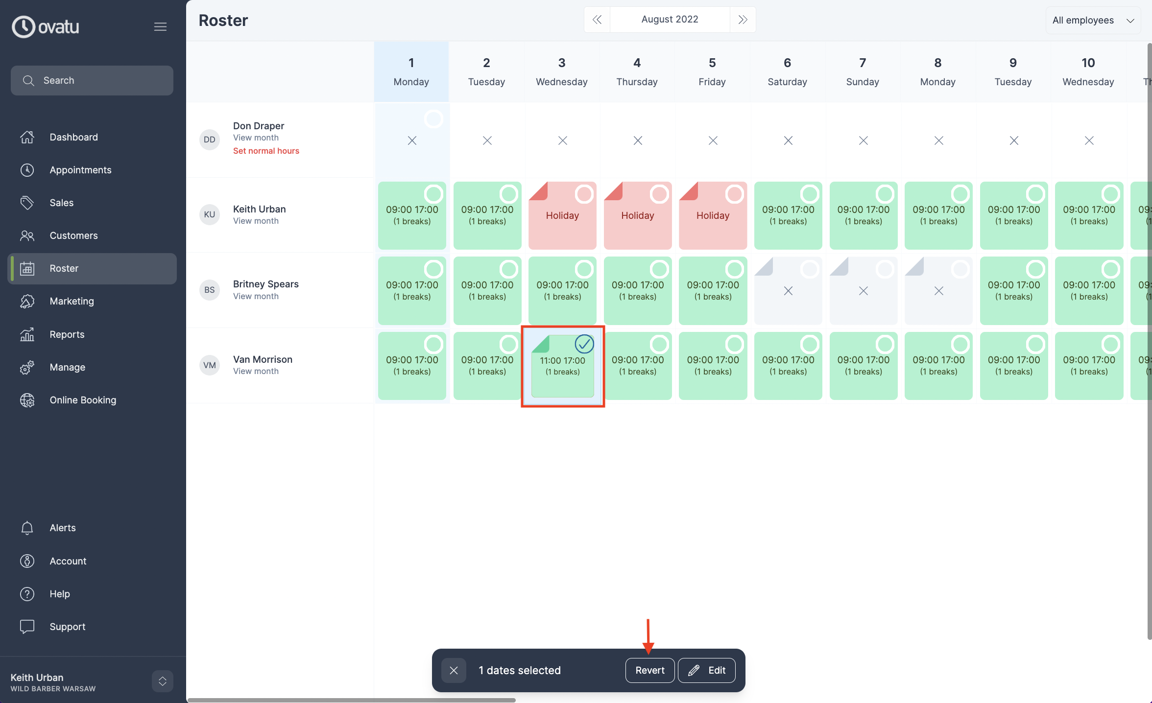 Editing specific dates in the roster - Ovatu Help Guides